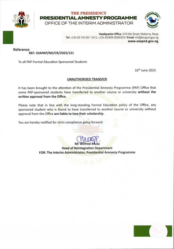 Unauthorised Transfer – OAPAP