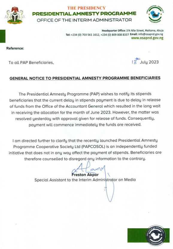 General Notice To Presidential Amnesty Programme Beneficiaries – OAPAP